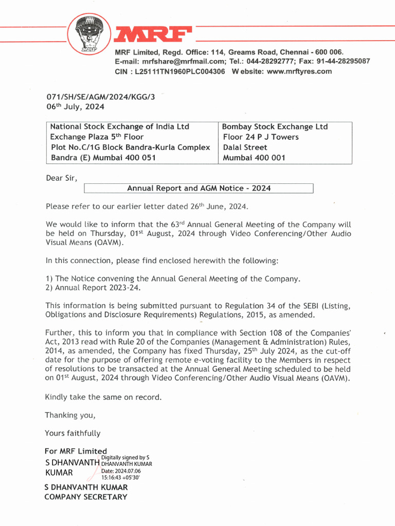 MRF Tyre Annual Report | PDF