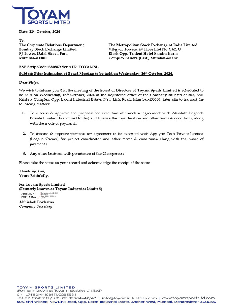 Company Secretary: Abhishek Pokharna | PDF