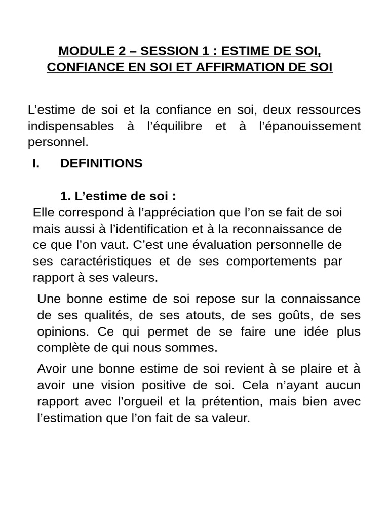 Module 2 Session 1 Estime de Soi, Confiance en Soi Et Affirmation de Soi | PDF