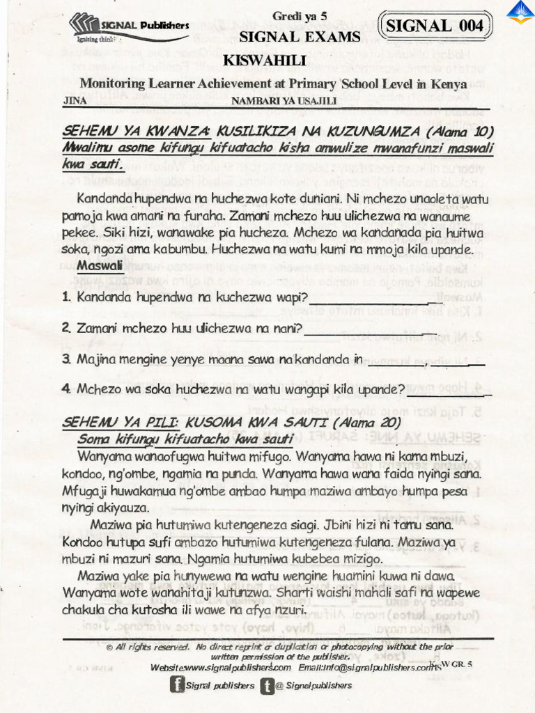 Kiswahili Grade 5 Signal | PDF