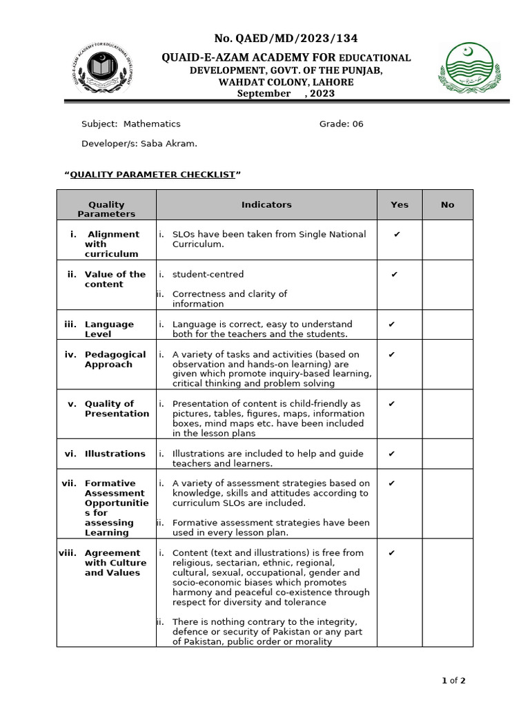 Quality Parameter Developers Checklist For TG | PDF