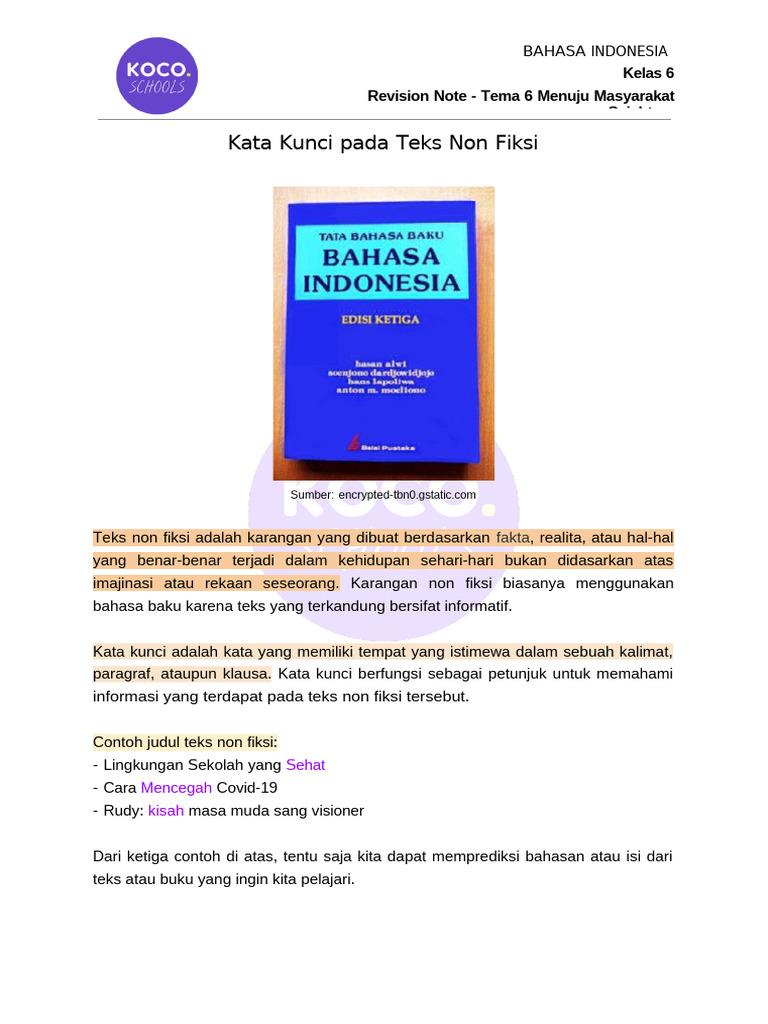 Revision Note - Bahasa Indonesia Kelas 6 - Tema 6 Menuju Masyarakat ...