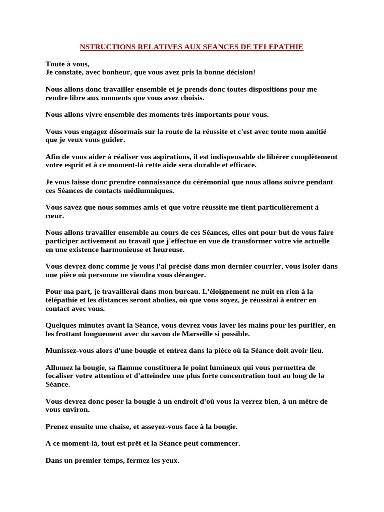 Nstructions Relatives Aux Seances de Telepathie | PDF