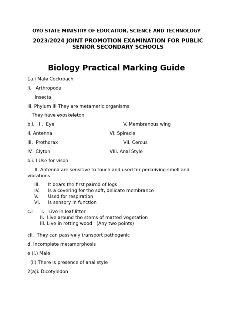 SSS2 Bio Prac 2024 Joint Marking Guide | PDF