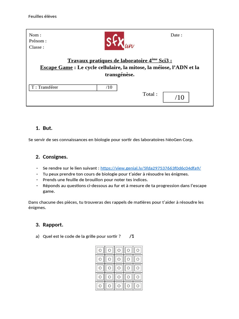 Escape Game ADN. Feuilles Élèves. | PDF