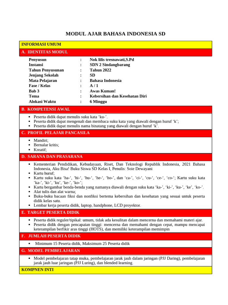 Modul Ajar Bahasa Indonesia SD Contoh RPP 1 Hari Fiks | PDF