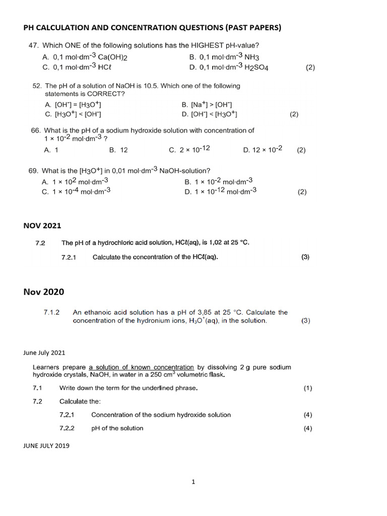 PH Calculation and Concentration Questions | PDF