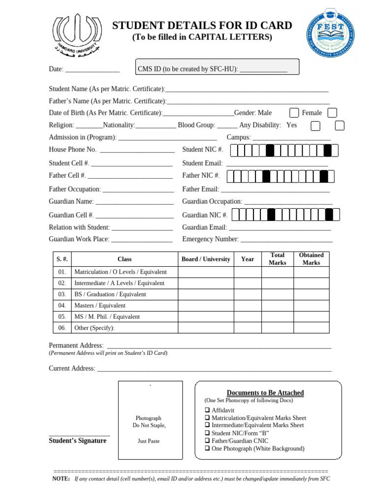 CMS Student ID Card Application Form | PDF | Identity Document ...