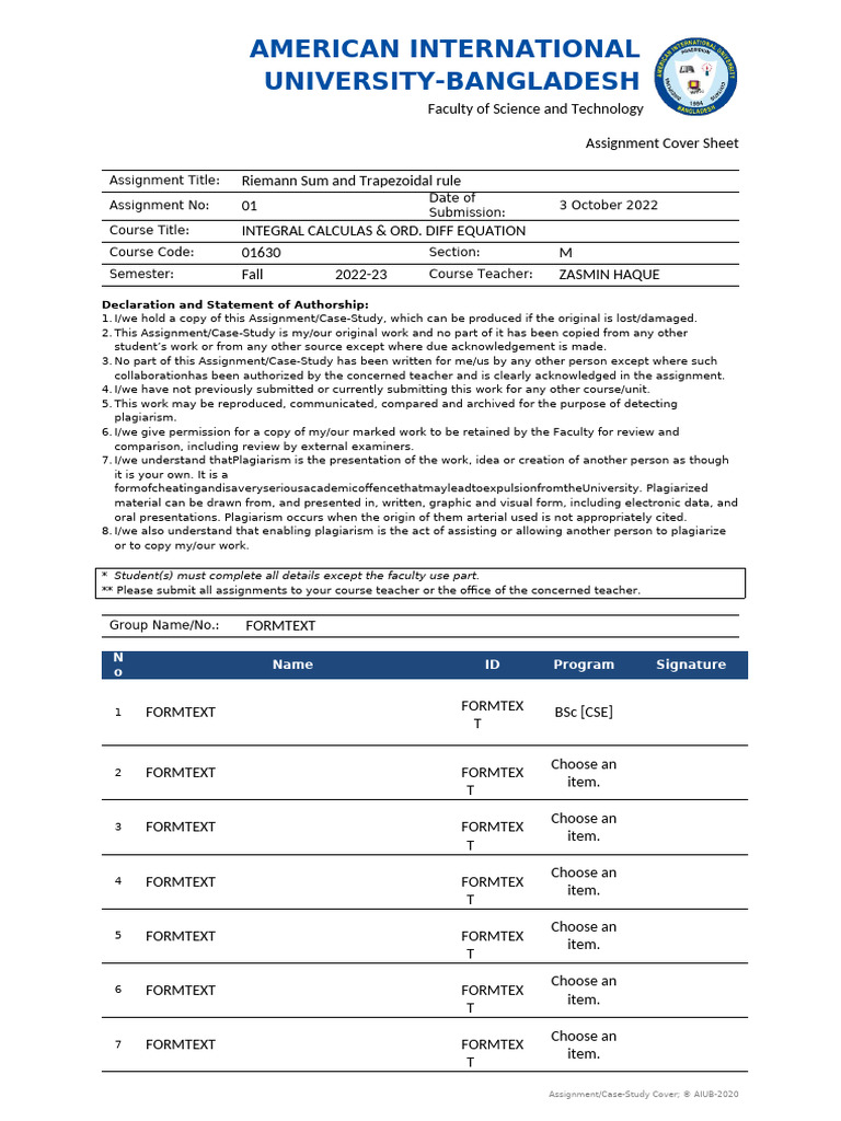 AIUB Assignment Cover Sheet | PDF AIUB Assignment Cover Sheet | PDF