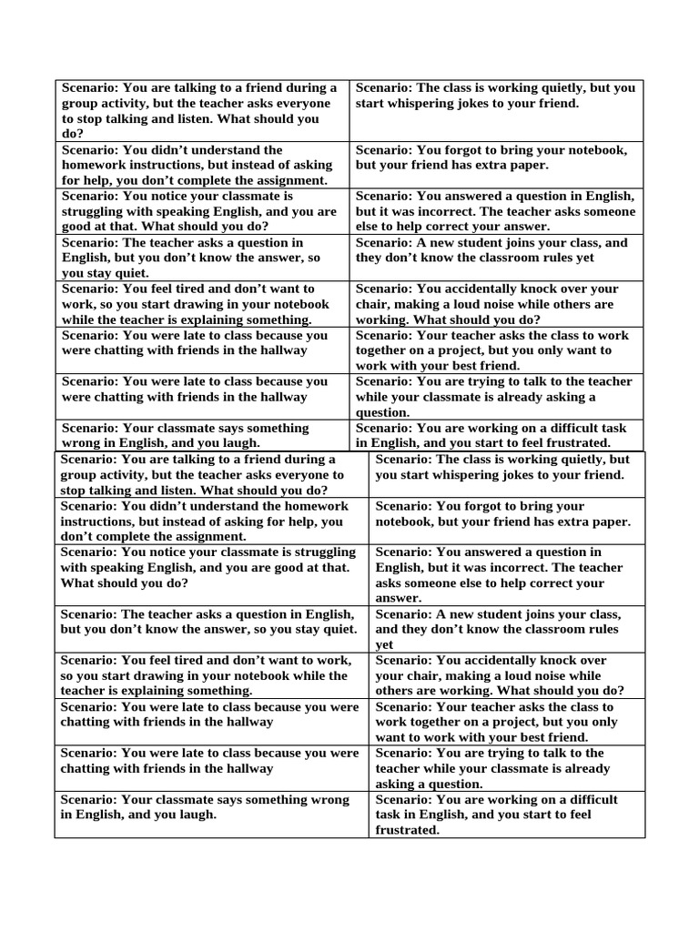 Classroom Behavior Scenarios Explained | PDF | Language Arts ...