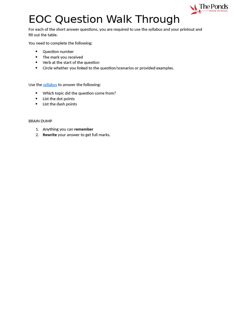 EOC Walk Through Worksheet | PDF