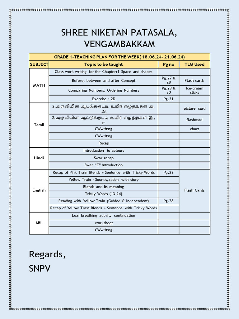 Grade 1 Weekly Teaching Plan: June 2024 | PDF