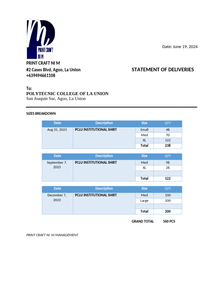 Statement of Deliveries | PDF
