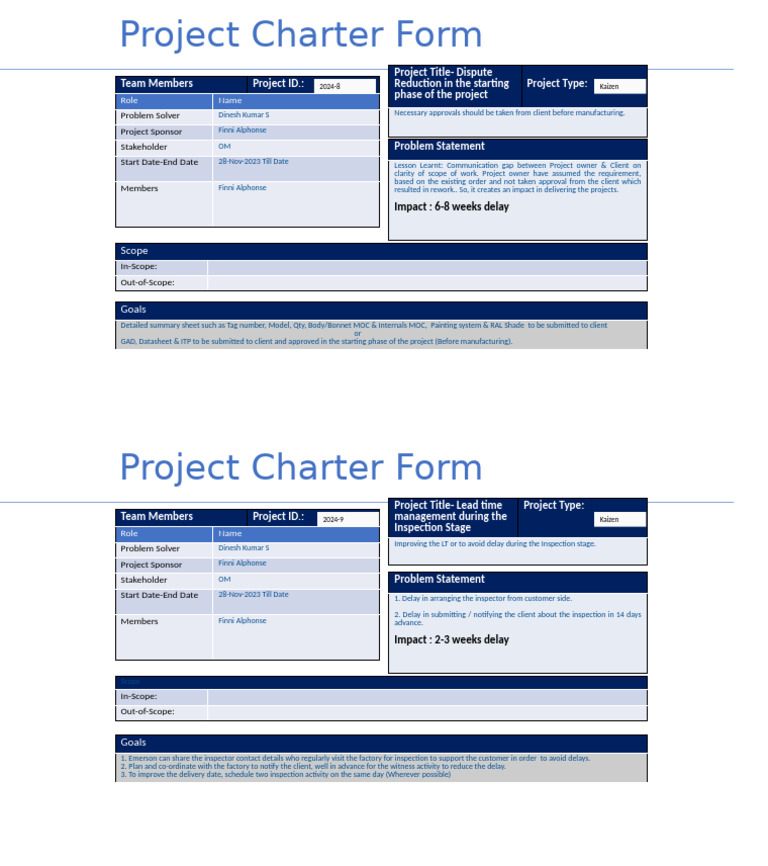 Project Charter Form - Dinesh Kumar S | PDF