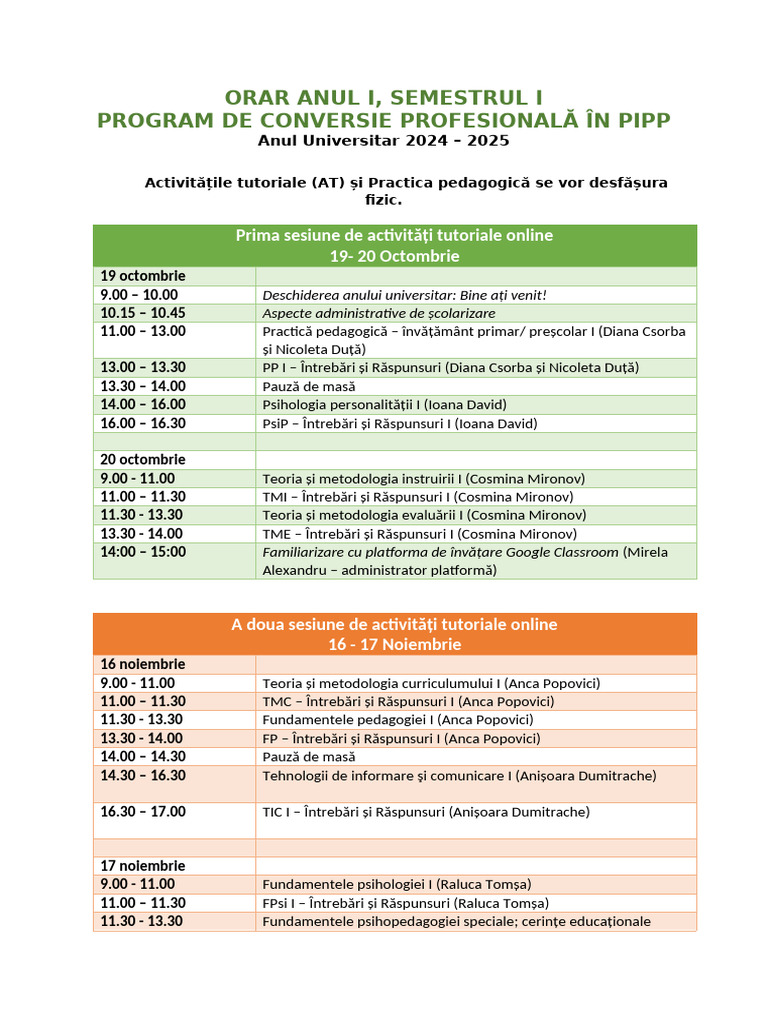 Orar Conversie in Pipp - An I - Sem I - 2024 - 2025 | PDF