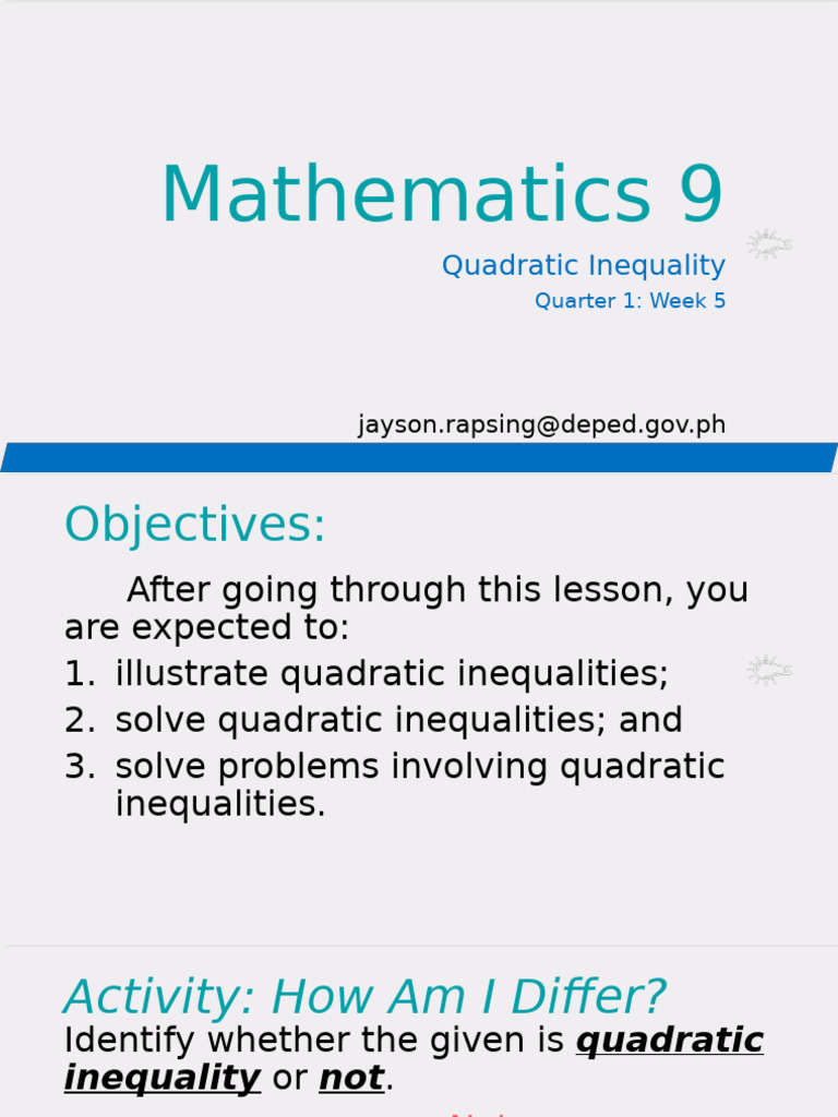 Math9 q1 Wk5 Quadratic Inequality 1 | PDF Math9 q1 Wk5 Quadratic Inequality 1 | PDF
