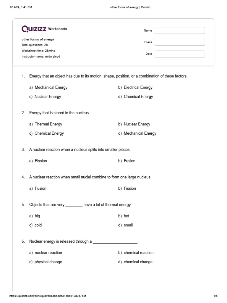 Other Forms of Energy - Quizizz | PDF