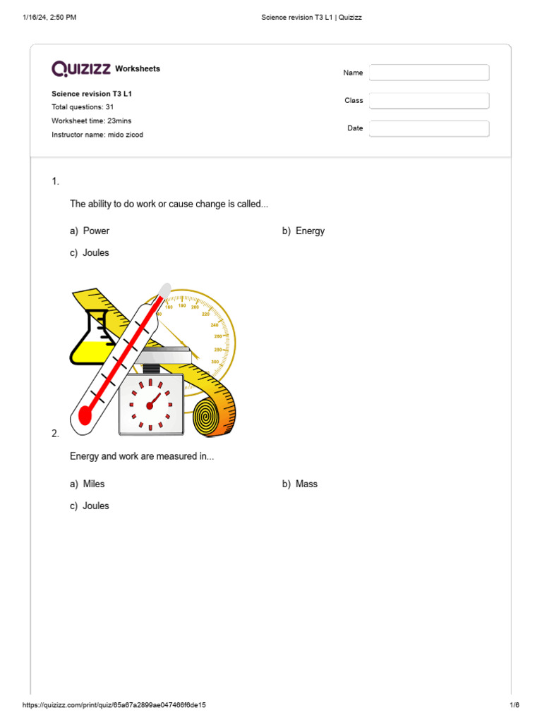Science Revision T3 L1 - Quizizz | PDF
