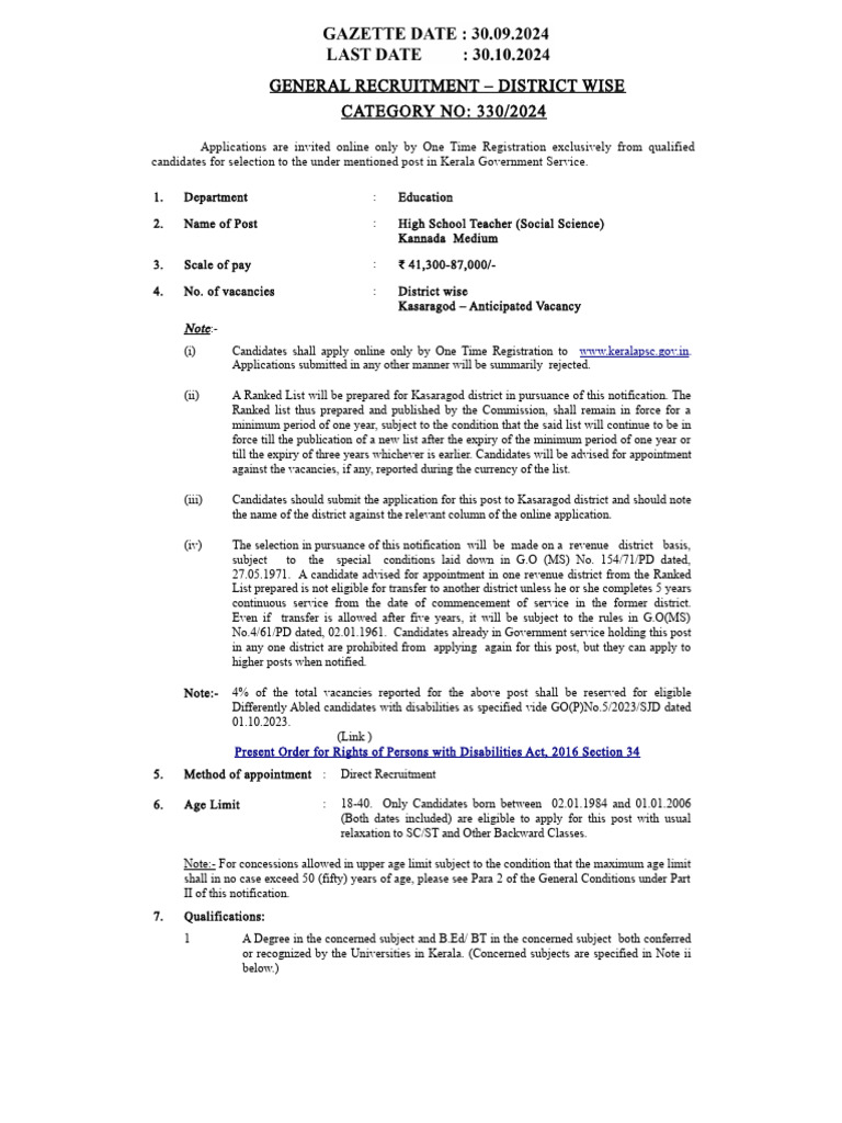 Notification PSC - Not - 0122024 - 3302024 - High School Teacher | PDF ...