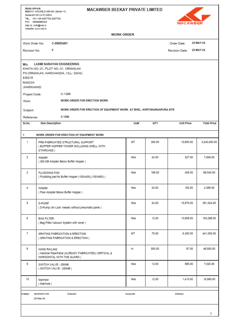 Laxmi Narayan Engineering Draft Work Order | PDF