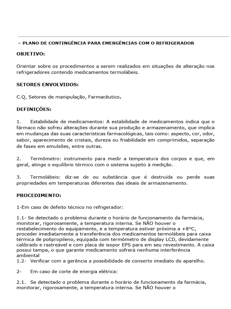 Pop - Plano de Contingência para Emergências Com o Refrigerador | PDF ...