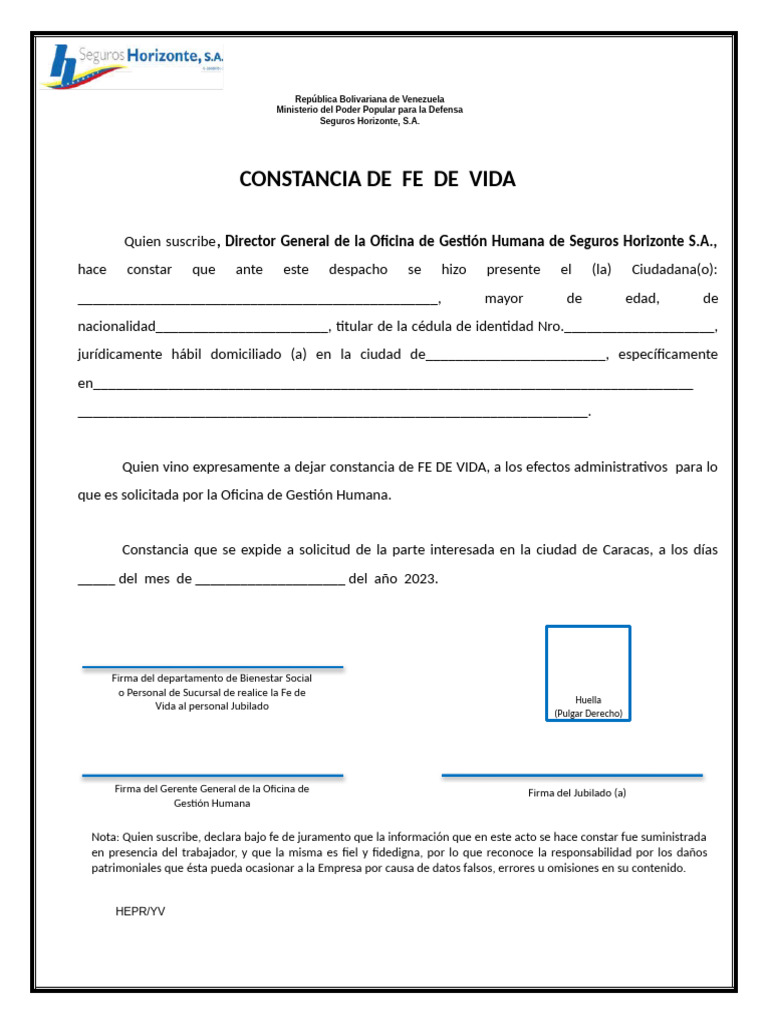 Formato Fe de Vida Jubilados 20 | PDF