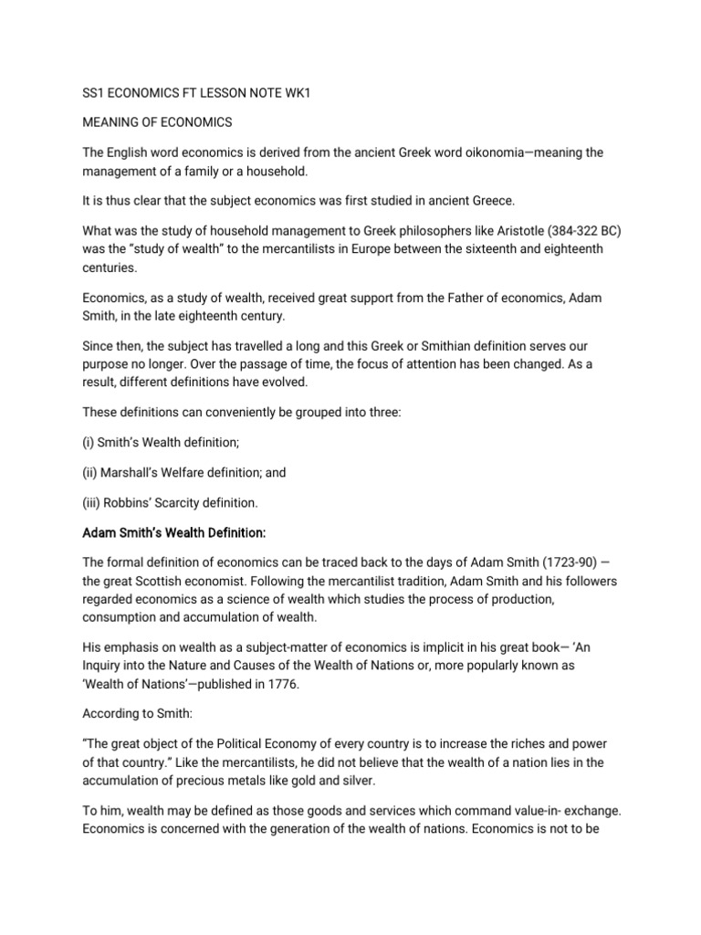 5919 - ss1 Economics FT Lesson Note Wk1 | PDF