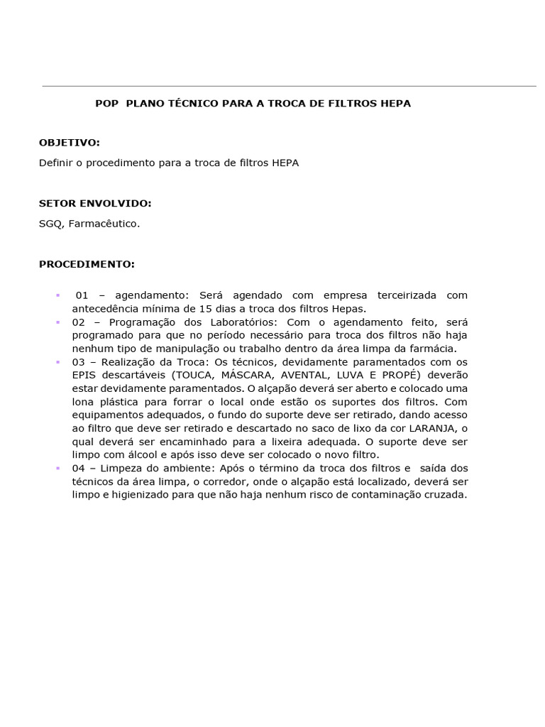 Pop Plano Tecnico para Troca de Filtros Hepa | PDF