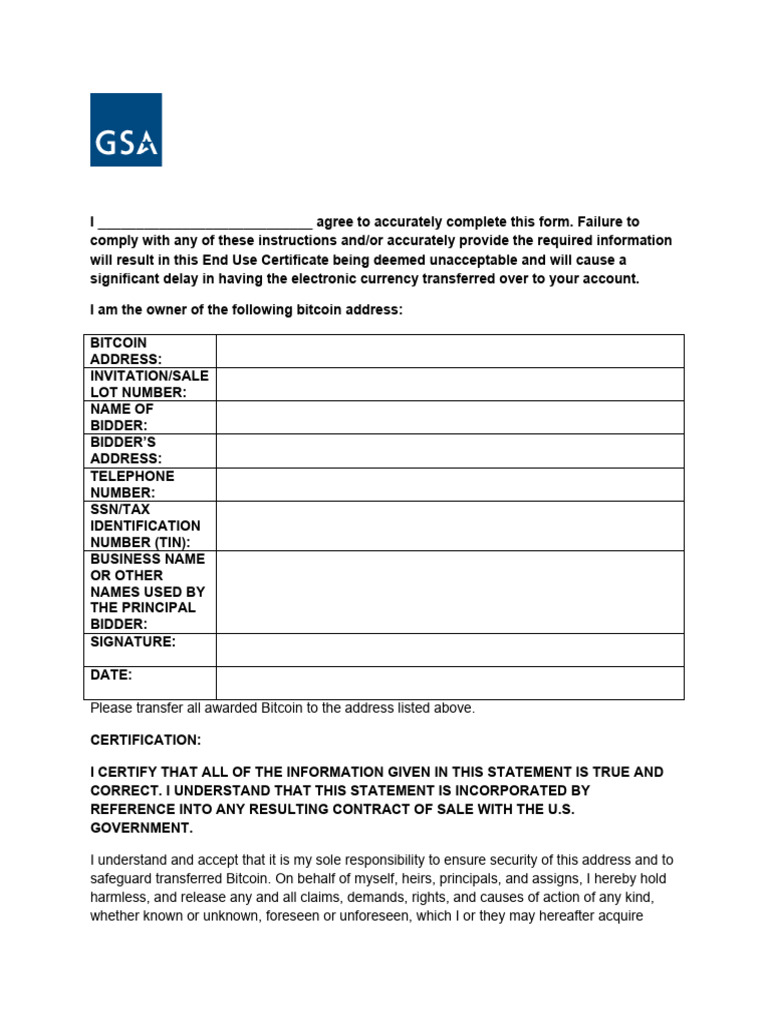 Bitcoin End Use Certificate | PDF