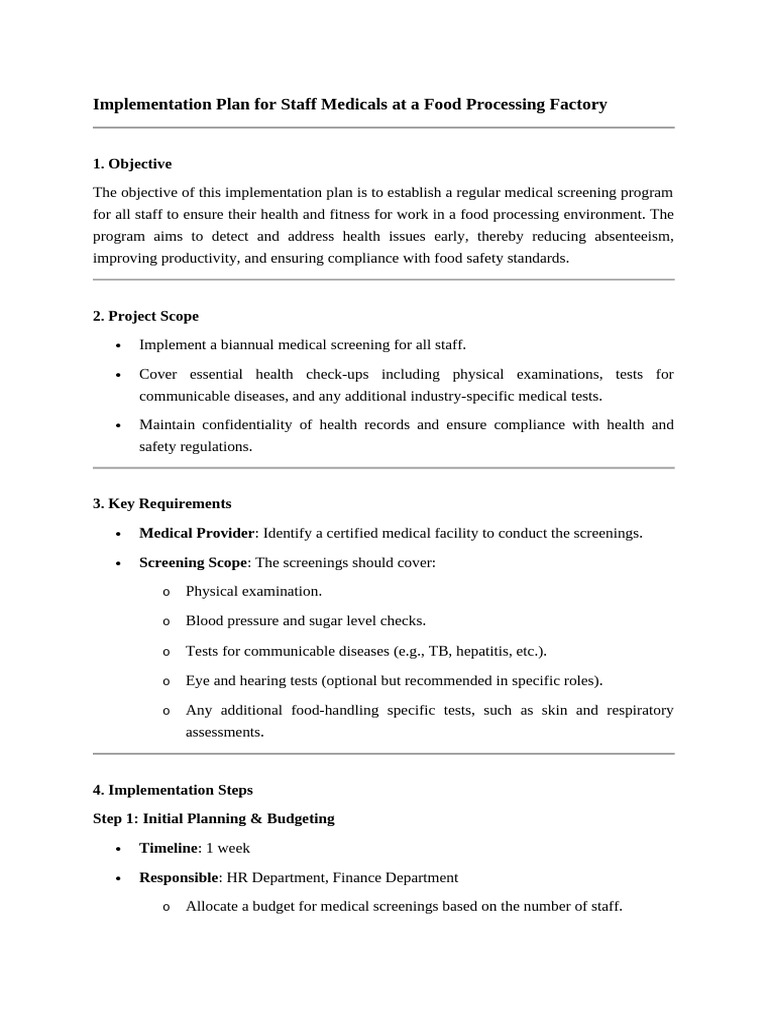 Implementation Plan for Staff Medicals | PDF