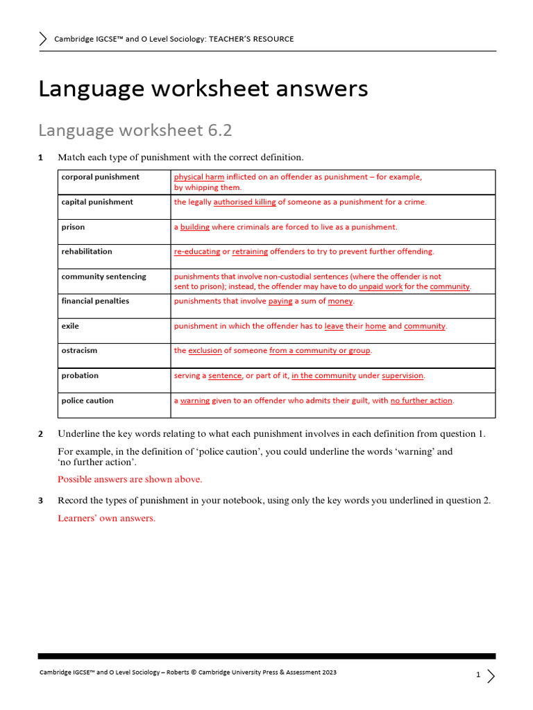 IGCSE Sociology TR Language Worksheet 6.2 Answers | PDF