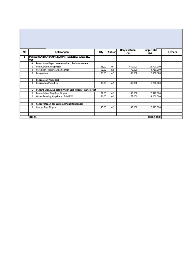 Rab Perbaikan Dan Penambahan Fasilitas Balai RW 26 GBJ | PDF