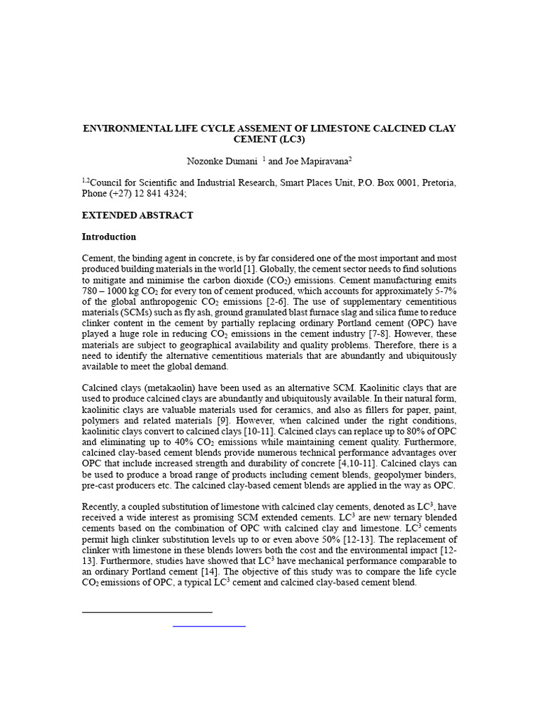 Environmental Life Cycle Assement of Limestone Calcined Clay Cement | PDF
