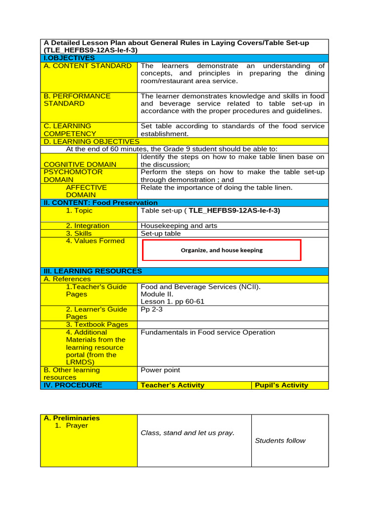 Lesson Plan Table Set-Up | PDF