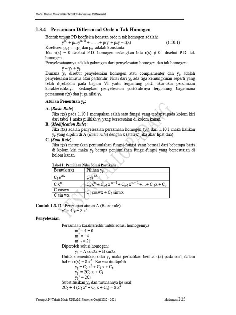 7 Bab I PD Linear Orde N Tak Homogen | PDF