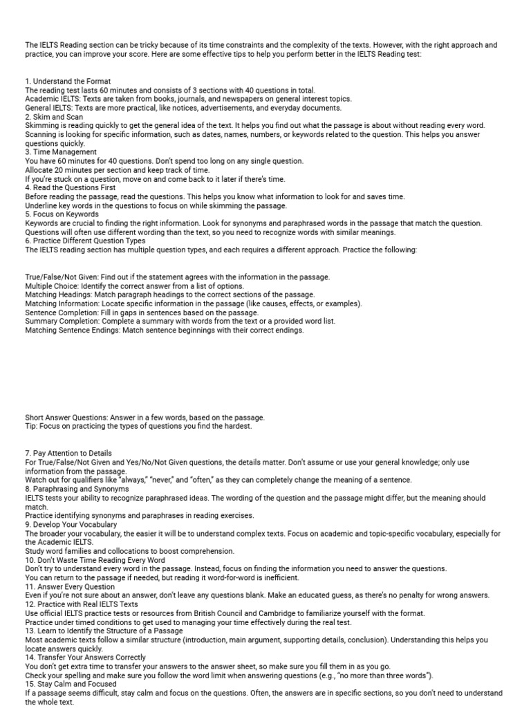 Ielts Reading Tips Pdf