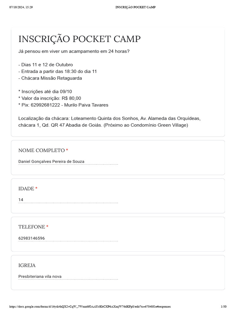 POCKET CAMP - Formulários Google | PDF