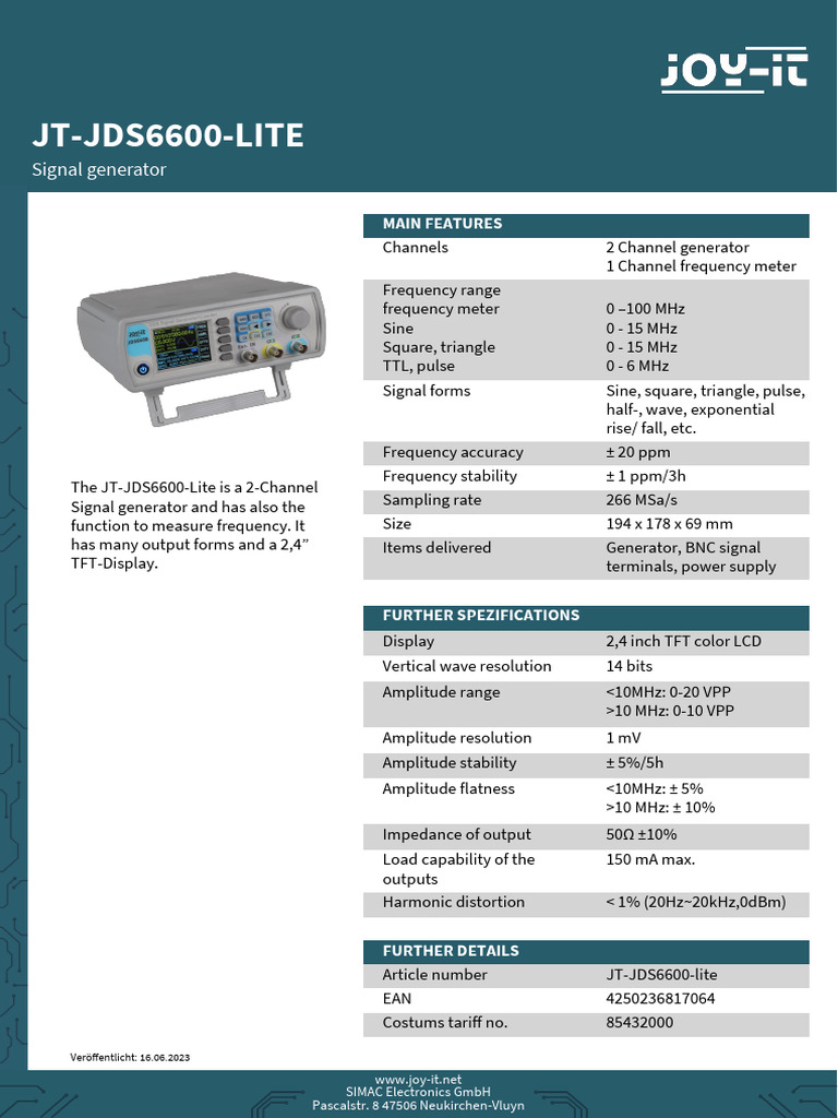 JT JDS6600 Lite - Datasheet - 2023 06 16 | PDF