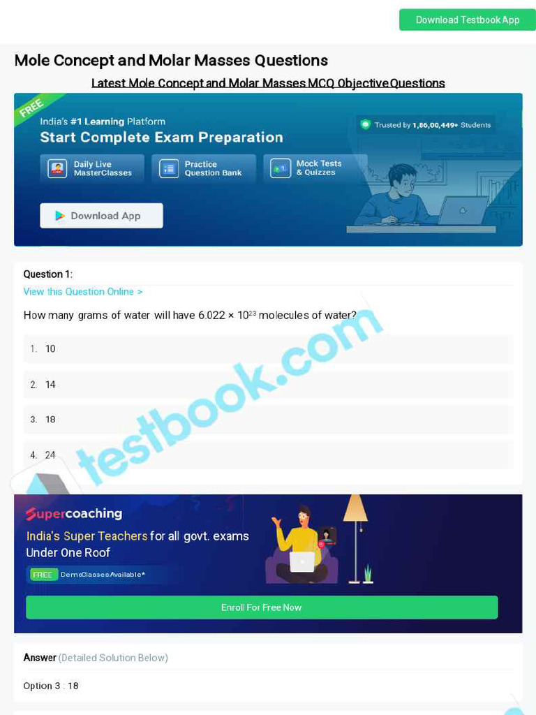 MCQ On Mole Concept and Molar Masses 5eea6a0c39140f30f369dff9 | PDF