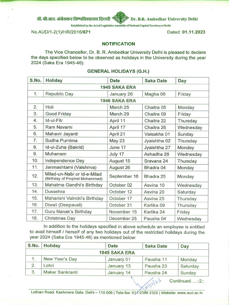 Notification General Holidays 2024 1 | PDF