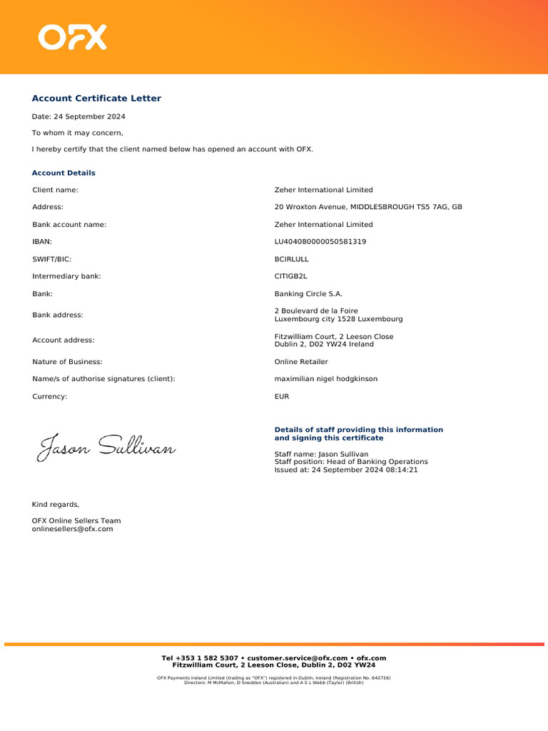 OFX Account Certificate Letter | PDF