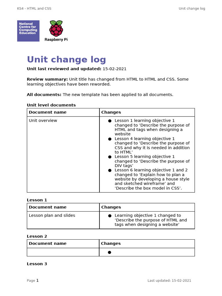 Change Log - HTML and CSS - KS4 | PDF | Html | Software Engineering