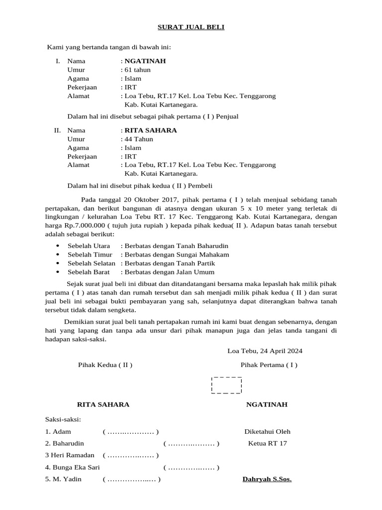 SURAT JUAL BELI rita | PDF