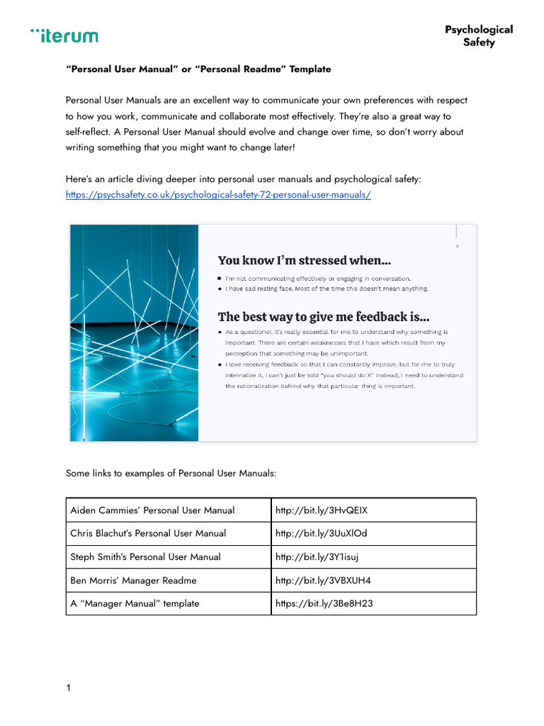 Psych Safety Personal User Manual Template | PDF