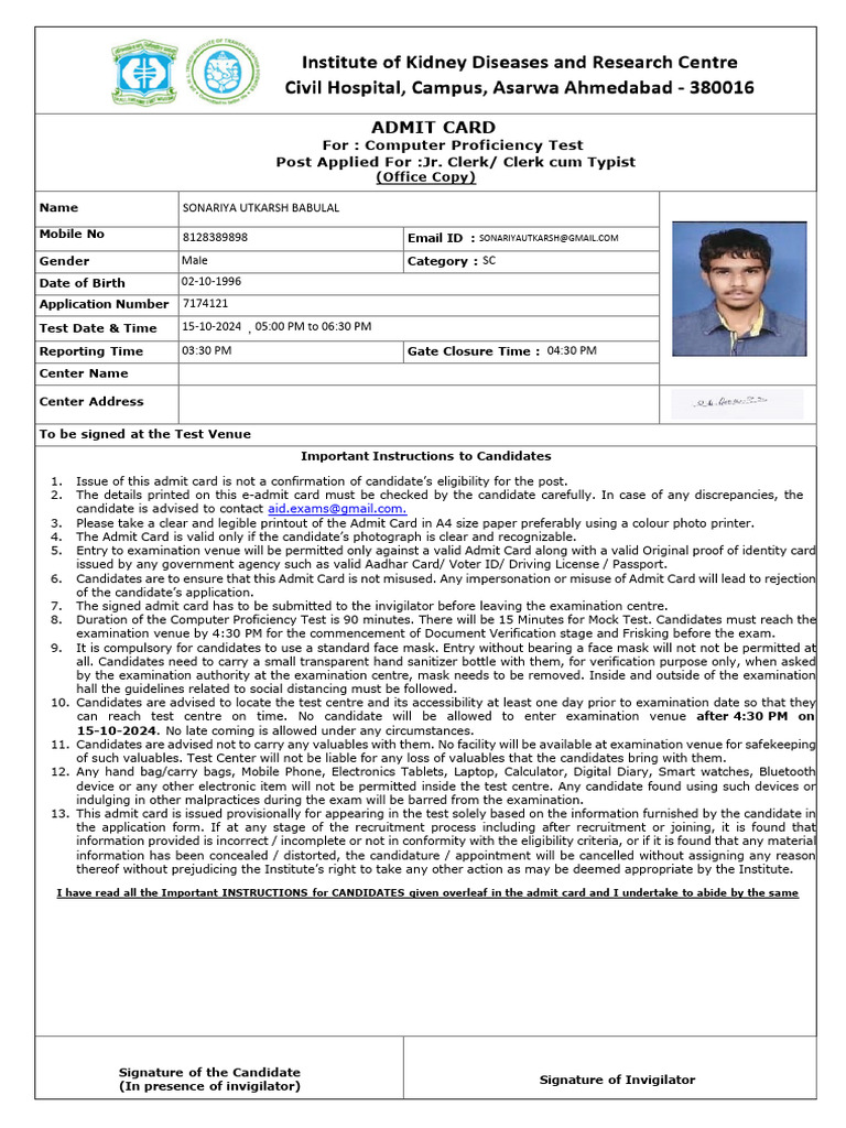Admit Card: For: Computer Proficiency Test Post Applied For | PDF