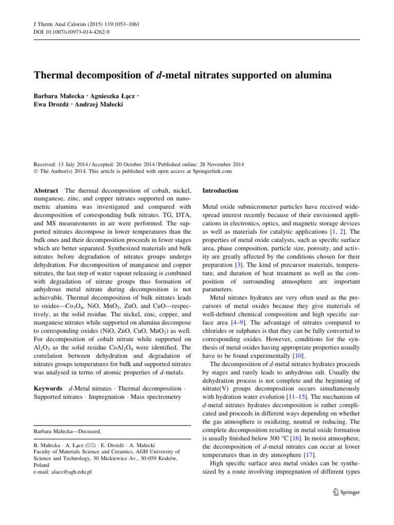 Thermal Decomposition of D-Metal Nitrates Supported On Alumina | PDF