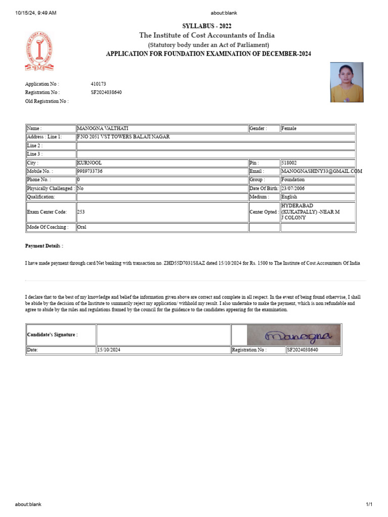 Manogna Cma Foundation Exam Application | PDF