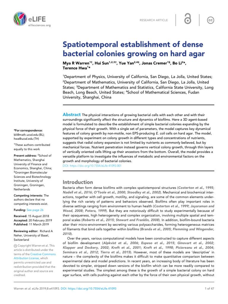 Spatiotemporal Establishment of Dense Bacterial Colonies Growing On Hard Agar | PDF