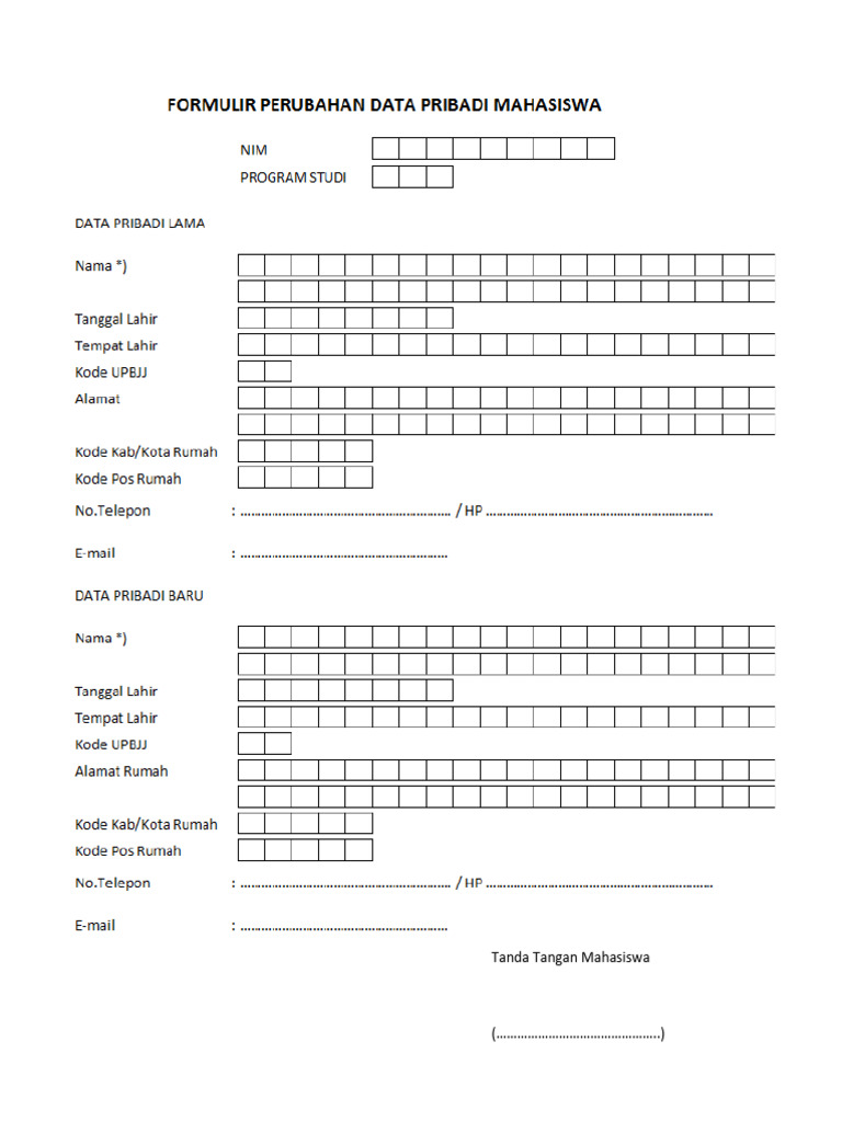 Formulir Perubahan Data Pribadi Mahasiswa Universitas Terbuka | PDF