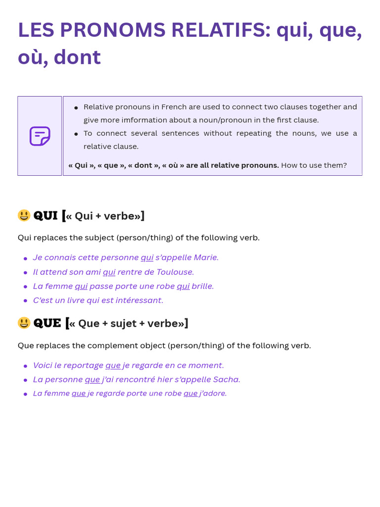 Les Pronoms Relatifs Qui, Que, Où, Dont | PDF
